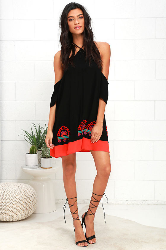 Cute Black Dress - Embroidered Dress - Off-the-Shoulder Dress - Halter ...