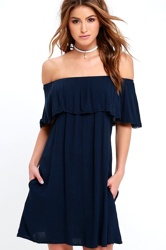 Cute Navy Blue Dress - Off-the-Shoulder Dress - Vacation Dress - $76.00 ...