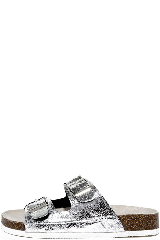 Fun Silver Sandals - Slide Sandals - Cork Sandals - $17.00 - Lulus