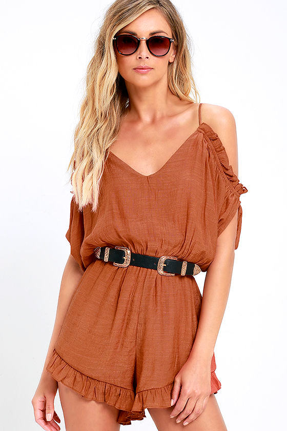 Burnt Orange Romper - Ruffled Romper - Off-the-Shoulder Romper - $46.00 ...