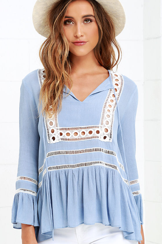 Pretty Light Blue Top - Embroidered Top - Bell Sleeve Top - $63.00 - Lulus