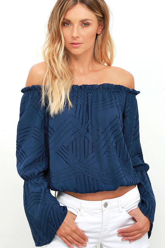 Cute Navy Blue Top - Off-the-Shoulder Top - Embroidered Top - $54.00 ...