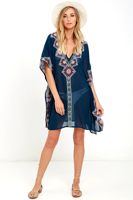Embroidered Kaftan - Navy Blue Cover-Up - Swim Cover-Up - $82.00 - Lulus