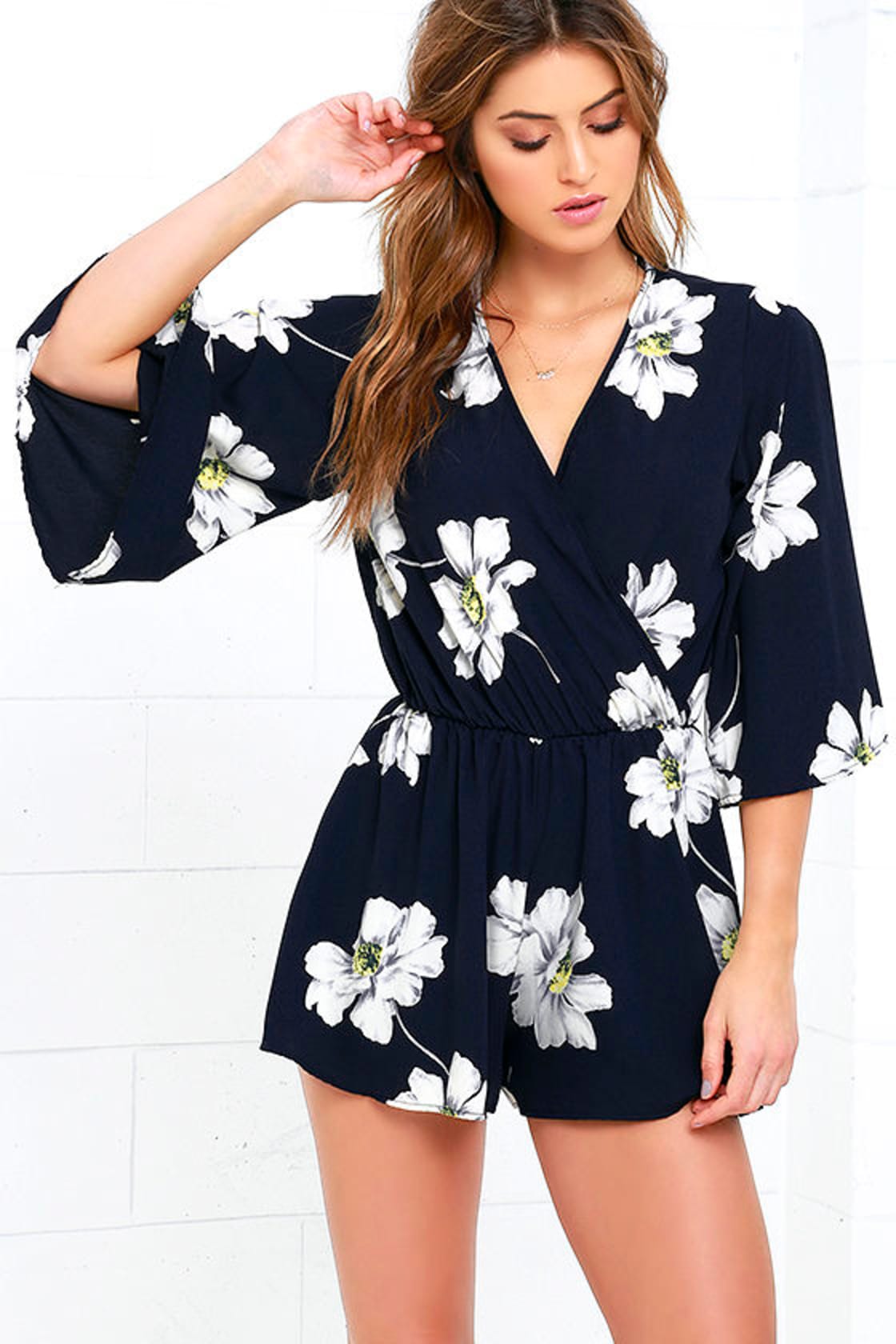 Cute Navy Blue Romper Floral Print Romper 46 00 Lulus