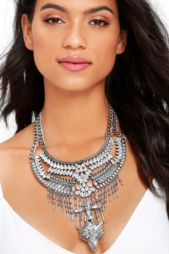 Silver Necklace - Statement Necklace - Rhinestone Necklace - $36.00 - Lulus