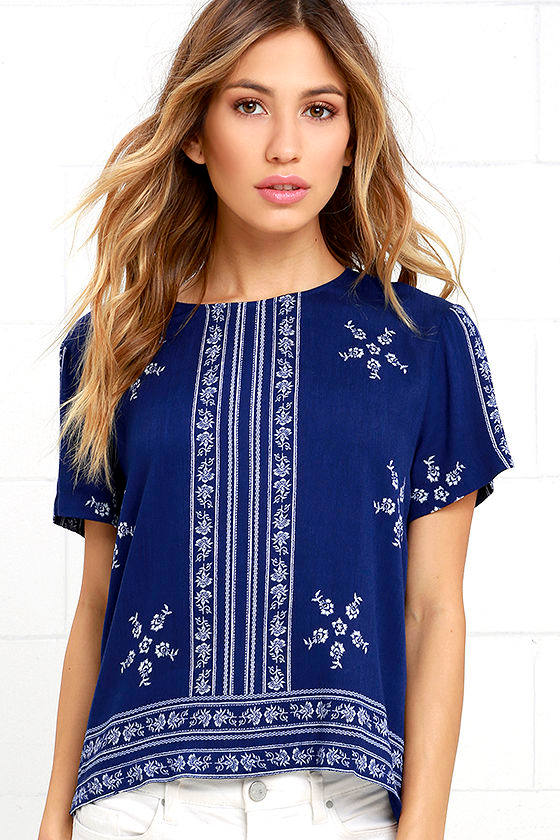 Lovely Navy Blue Top - Short Sleeve Top - Print Top - $34.00 - Lulus