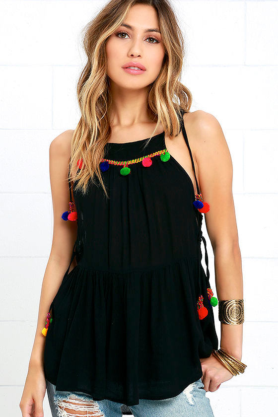 Fun Black Top - Pompom Top - Sleeveless Top - $83.00 - Lulus