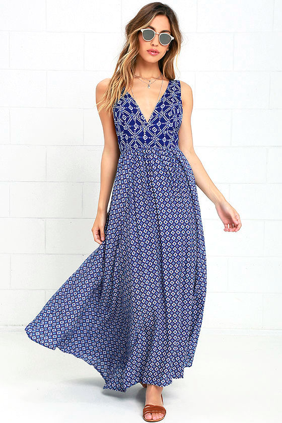 Boho Maxi Dress - Blue Print Maxi Dress - Lace-Up Maxi Dress - $57.00 ...