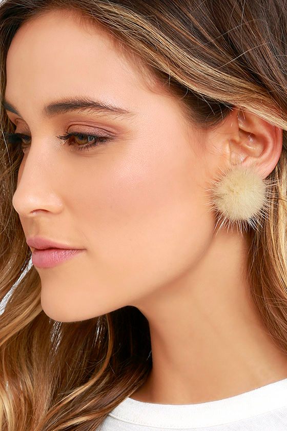 Cute Beige Earrings - Fur Earrings - Pom Pom Earrings - $15.00 - Lulus