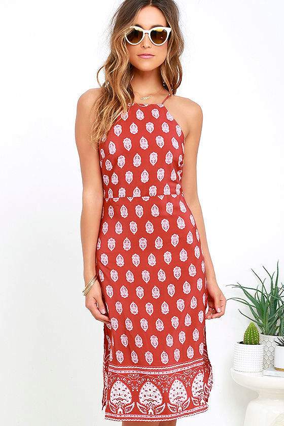 Cute Rust Red Print Dress - Midi Dress - Sleeveless Dress - $52.00 - Lulus