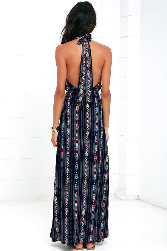Boho Navy Blue Maxi Dress Print Maxi Dress Halter Maxi Dress 59 00