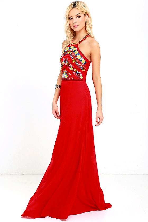 Lovely Red Maxi - Embroidered Maxi - Halter Maxi - $76.00