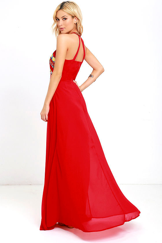 Lovely Red Maxi - Embroidered Maxi - Halter Maxi - $76.00