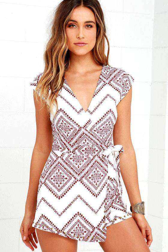 Print Romper - Skort Romper - Ivory and Burgundy Print Romper - $77.00 ...