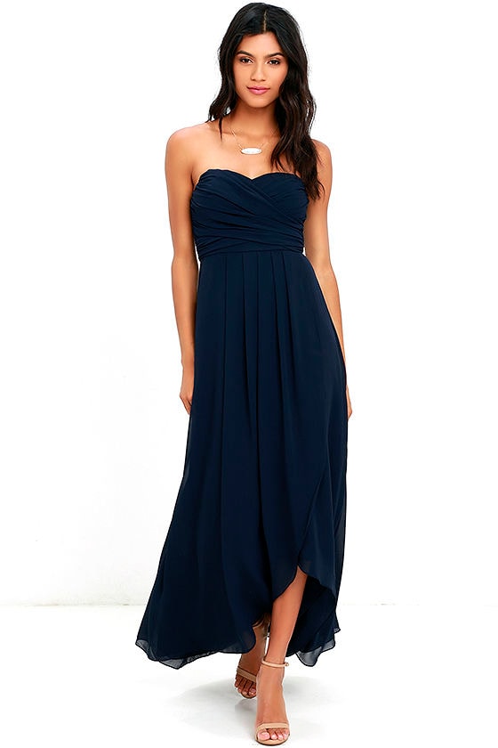 Stunning Navy Blue Dress High Low Dress Maxi Dress Strapless Gown