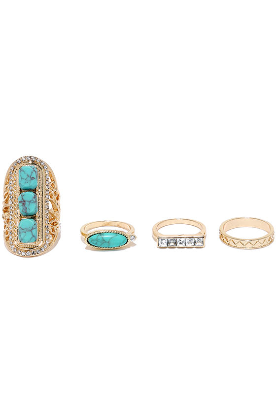 Gold Ring Set - Turquoise Ring - Rhinestone Ring - $17.00 - Lulus