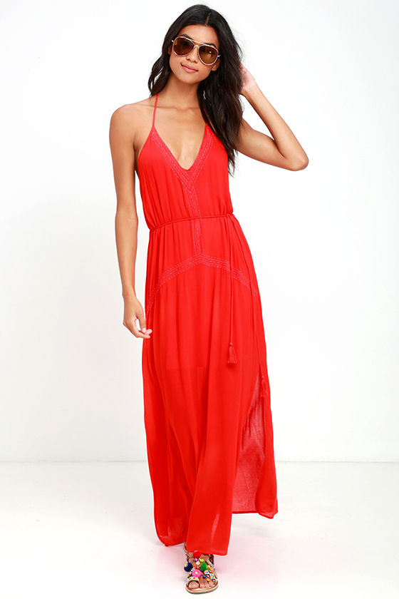 Coral Red Dress Maxi Dress Embroidered Dress 52 00 Lulus