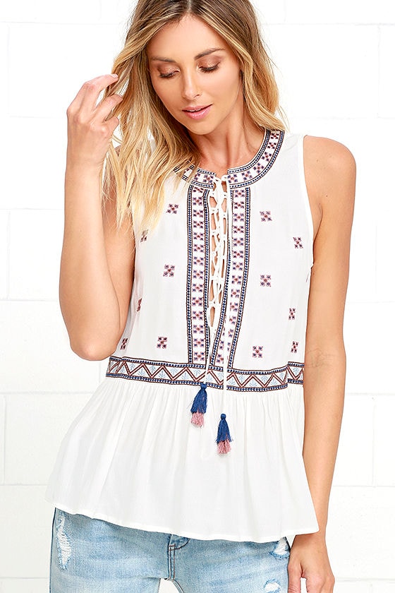 Lovely Ivory Embroidered Top - Lace-Up Top - Sleeveless Top - $48.00 ...
