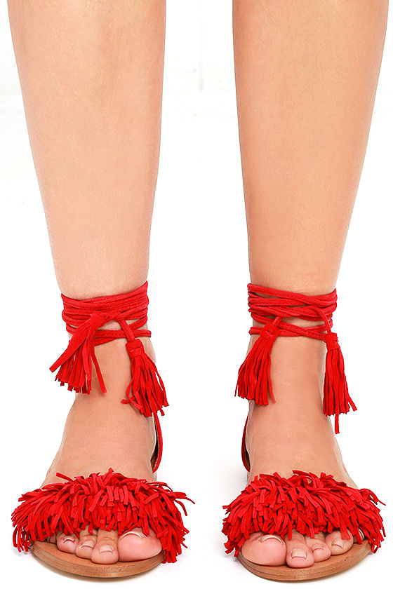 Cute Red Suede Sandals - Lace-Up Sandals - Flat Sandals - Lulus