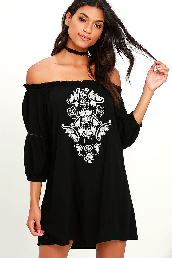 Cute Black Dress - Off-the-Shoulder Dress - Embroidered Dress - $54.00 ...