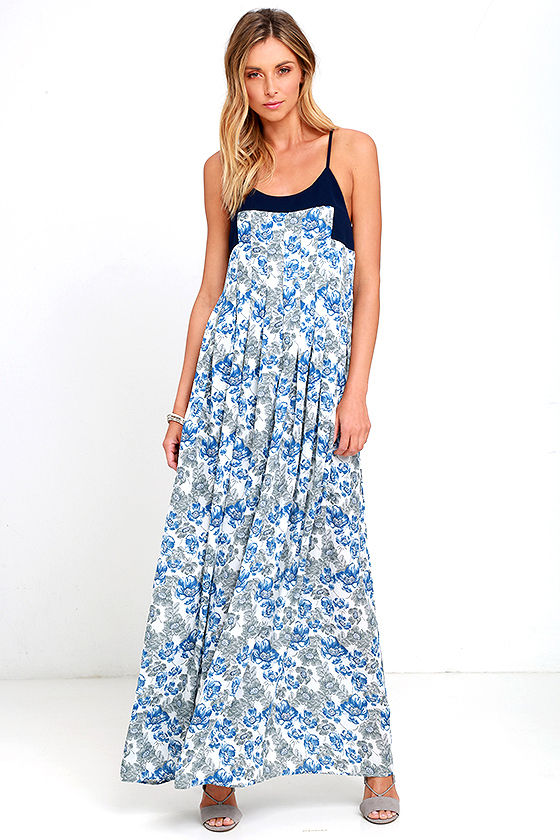 Lovely Blue Floral Print Dress - Maxi Dress - Pleated Dress - $69.00 ...