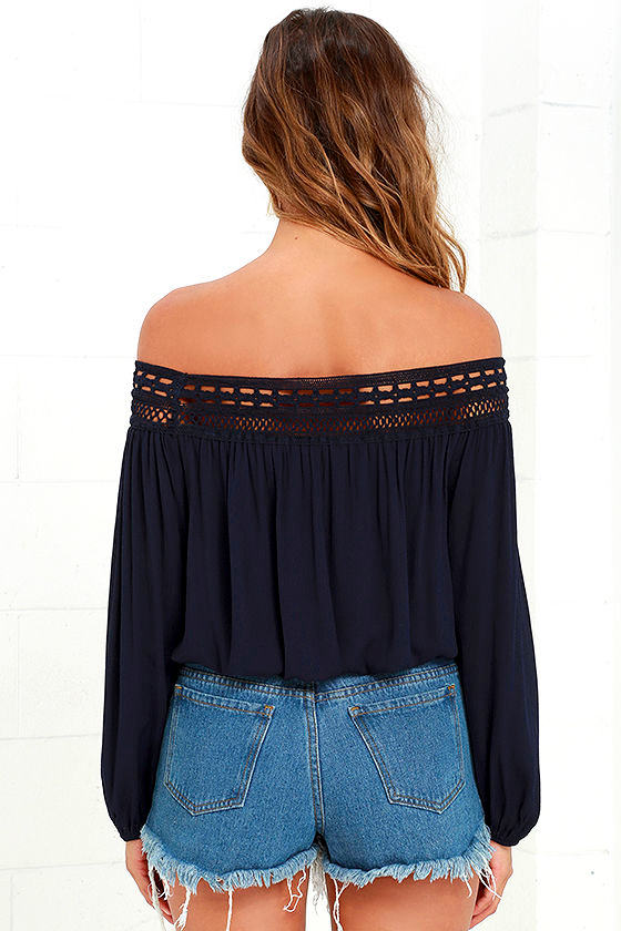 Chic Navy Blue Top - Off-the-Shoulder Top - Lace Off-the-Shoulder Top ...