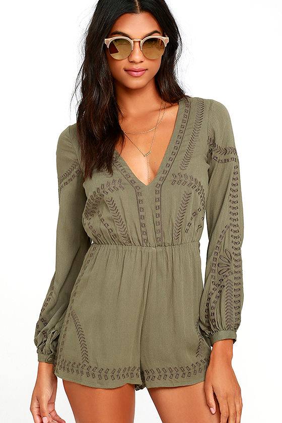 Boho Romper - Olive Green Romper - Embroidered Romper - $59.00 - Lulus
