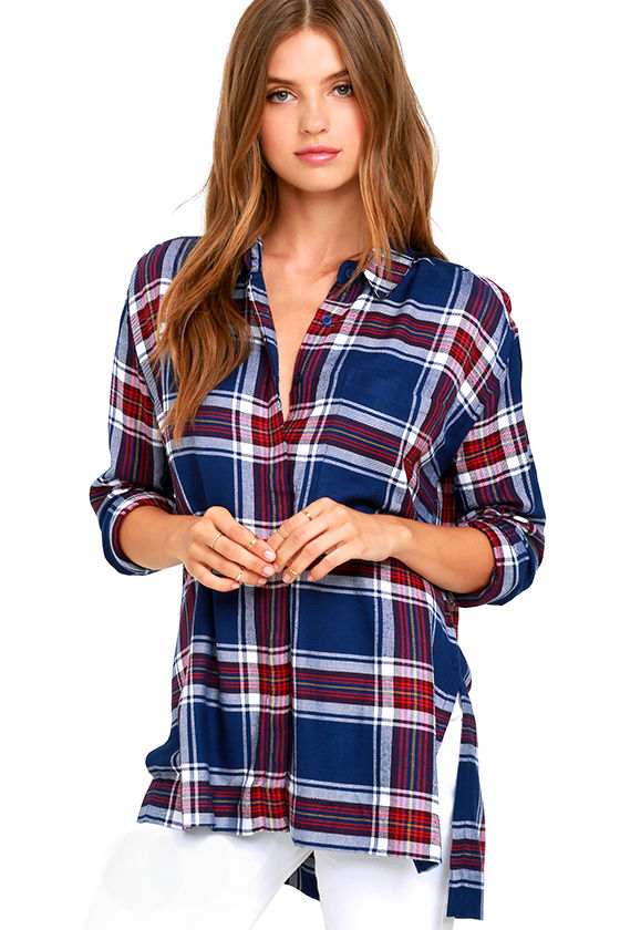 Olive & Oak - Navy Blue Plaid Top - Button-Up Top - Collared Top - $64. ...