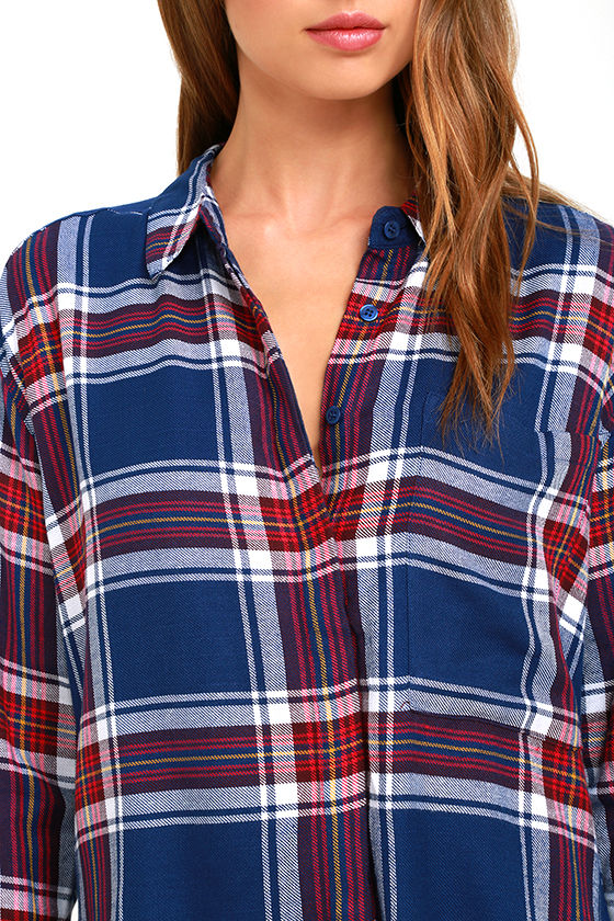 Olive & Oak - Navy Blue Plaid Top - Button-Up Top - Collared Top - $64.00
