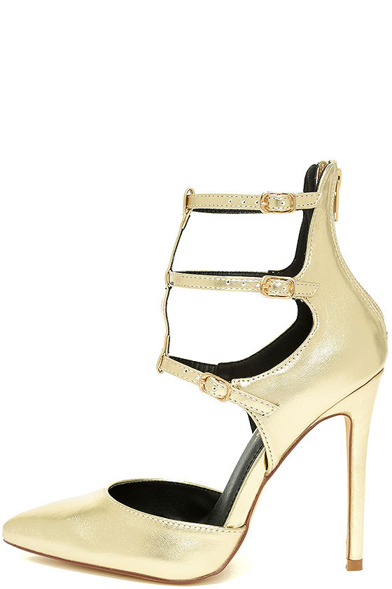 Sexy Gold Heels - Caged Pumps - Pointed-Toe Pumps - $36.00 - Lulus
