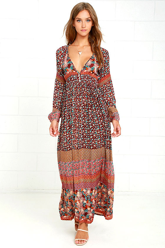 Boho Dress - Maxi Dress - Burgundy Print Dress - Long Sleeve Dress ...