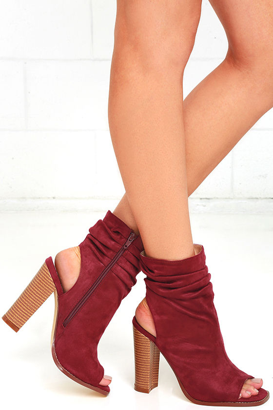 Chic Wine Red Booties - Peep-Toe Booties - Vegan Suede Booties - $40.00 ...