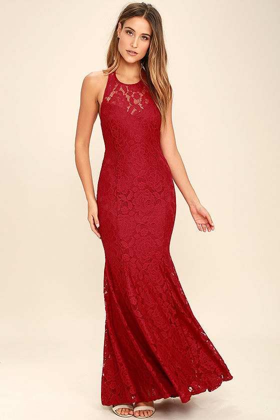 Lovely Wine Red Dress Red Lace Maxi Dress Homecoming Lulus