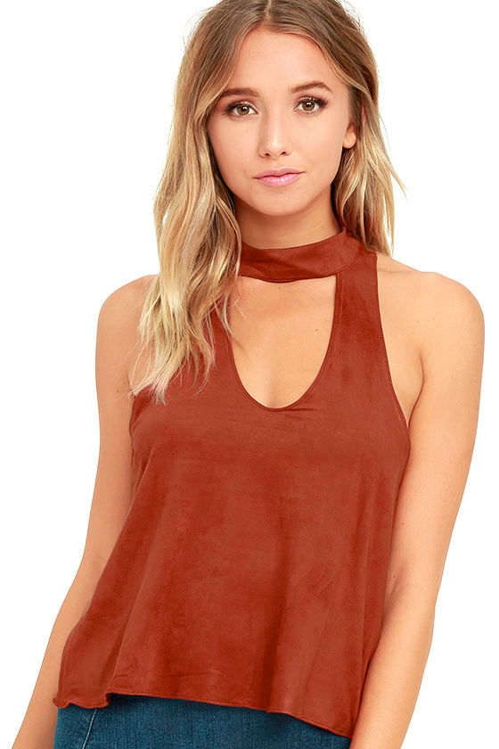 Chic Rust Red Top - Vegan Suede Top - Sleeveless Mock Neck Top - $42.00 ...