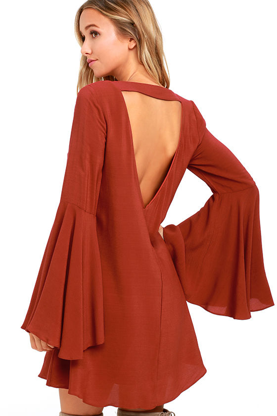 Lovely Rust Red Dress - Long Sleeve Dress - Shift Dress - $54.00 - Lulus