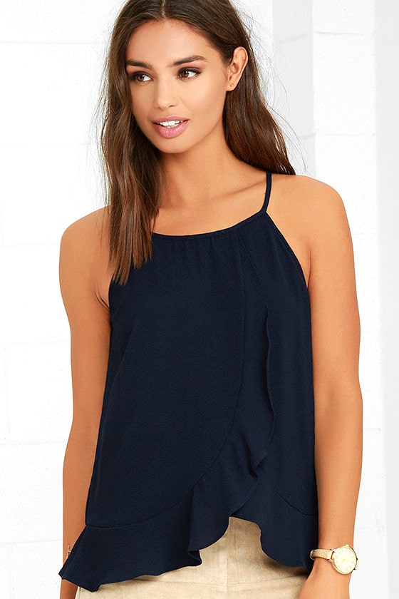 Stylish Navy Blue Top - Sleeveless Top - Ruffle Top - Blouse - $34.00 ...
