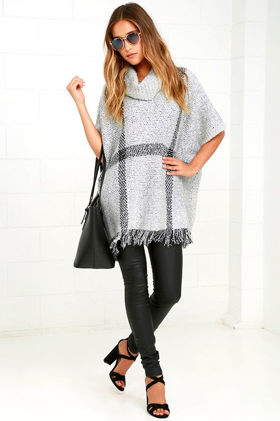 Cozy Poncho Top - Grey Plaid Poncho - Knit Poncho - $86.00