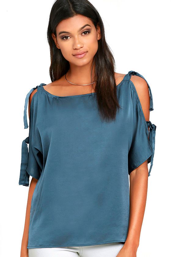 Chic Slate Blue Top - Satin Top - Cold-Shoulder Top - Blouse - $45.00 ...