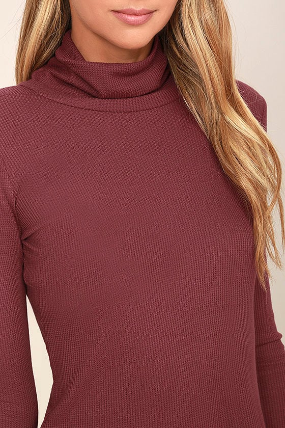 Cute Turtleneck Top Washed Burgundy Top Long Sleeve Top Thermal