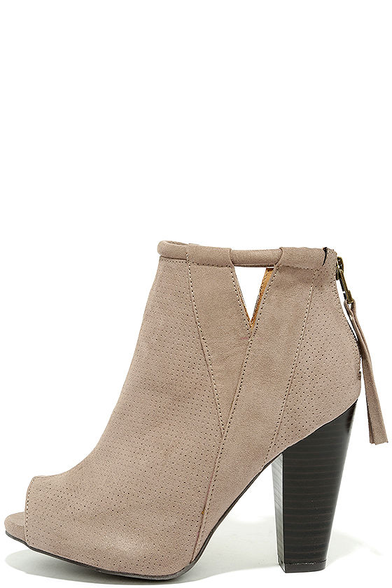 Fun Taupe Suede Booties - Taupe Ankle Booties - Peep-Toe Booties - $36. ...