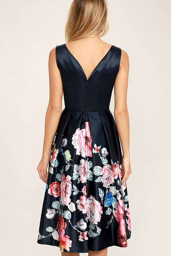 Lovely Navy Blue Dress - Floral Print Dress - Midi Dress - $74.00