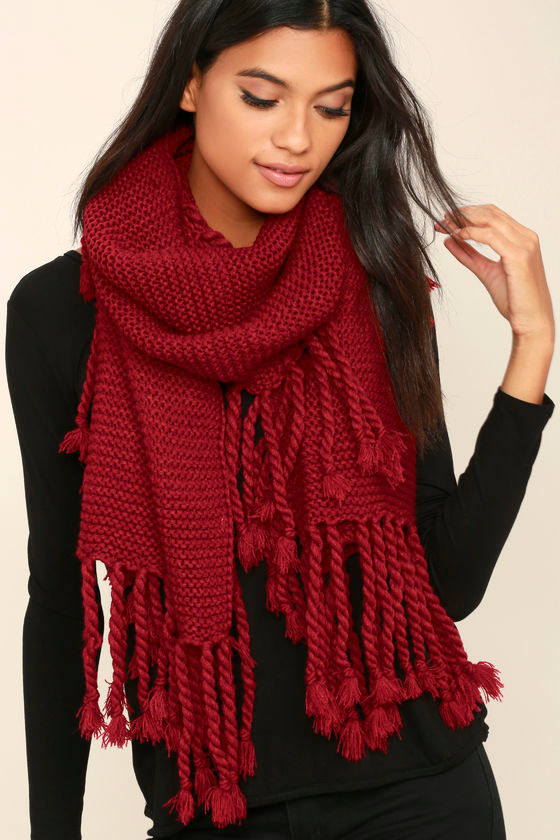 Cute Wine Red Scarf - Knit Scarf - Fringe Scarf - Wide Scarf - $24.00 ...