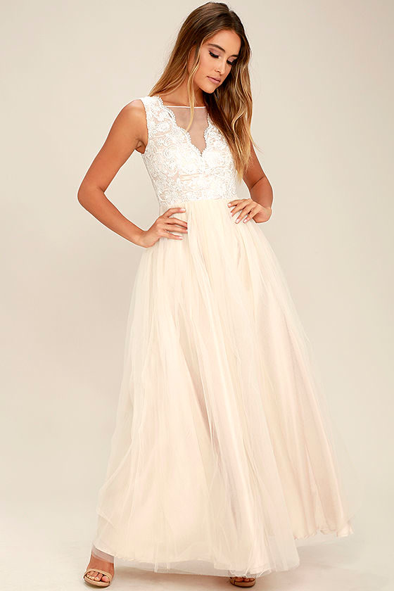 Light Beige Gown - Tulle Dress - Maxi Dress - Embroidered Dress - $98. ...