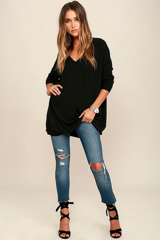 Black Knit Sweater - V-Neck Slouchy Sweater - Oversized Sweater - Lulus