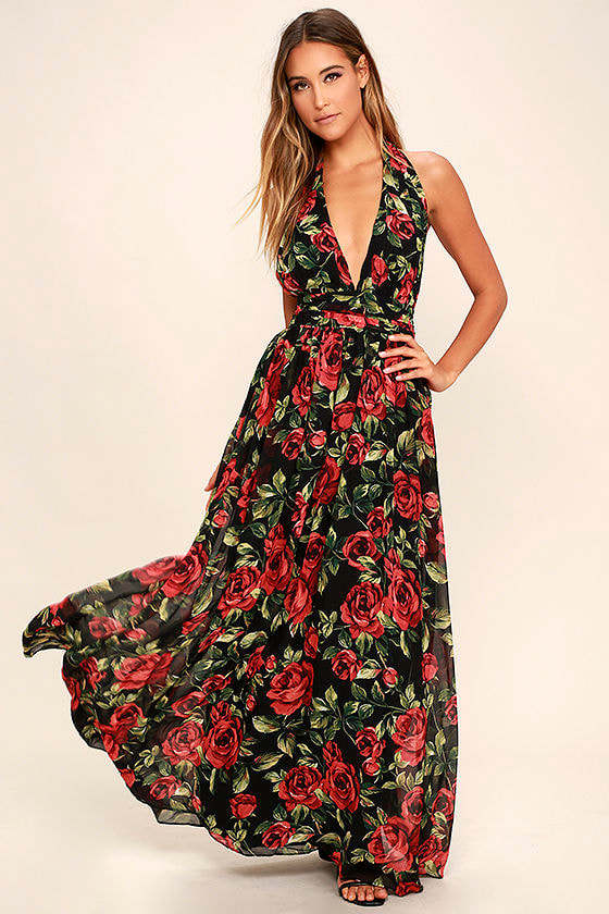Sexy Black Floral Print Dress Halter Dress Maxi Dress 89 00 Lulus