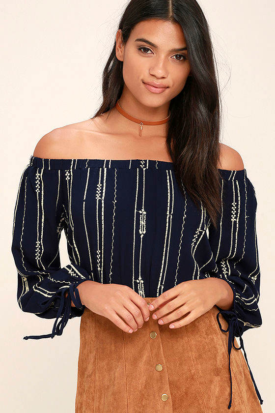 Boho Navy Blue Top - Off-The-Shoulder Top - Embroidered Top - $42.00 ...