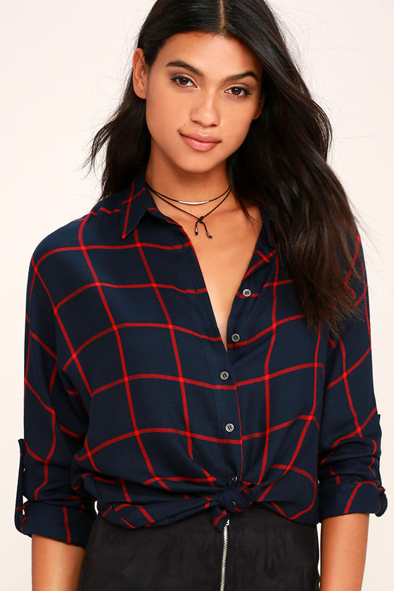 Chic Red and Navy Blue Top - Grid Print Top - Button-Up Top - Collared ...