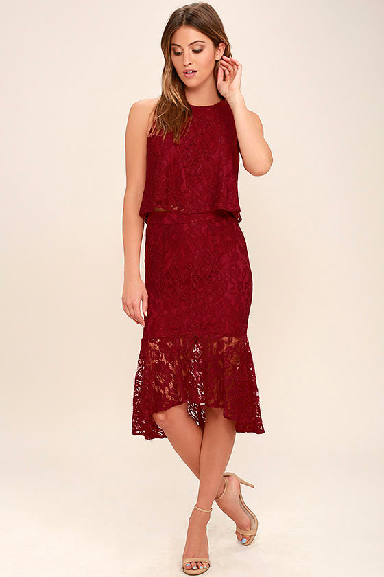 Dark Red Two-Piece Dress - Lace Two-Piece Dress - Midi Dress - $78.00 ...