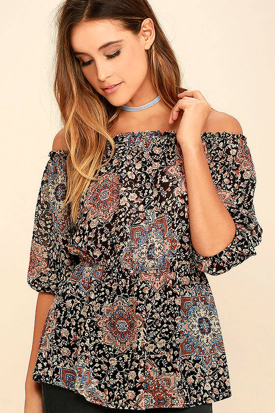 Boho Black Floral Print Top - Peasant Top - Sheer Top - $42.00 - Lulus