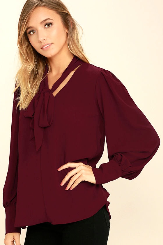 Chic Burgundy Top - Tie-Neck Top - Long Sleeve Top - $54.00